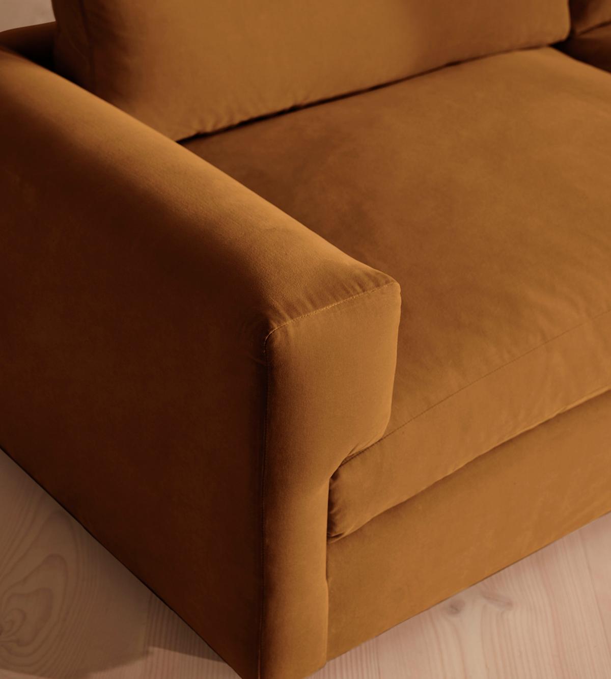 Mossley Three Seater Sofa, Velvet, Mustard, US - Soho Home