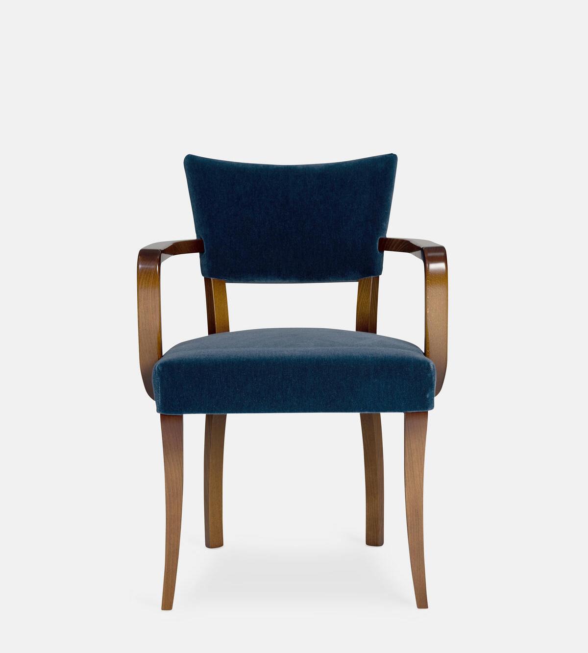 Molina Dining Chair with Arms, Mohair Indigo, Dark Wood, US - Soho Home