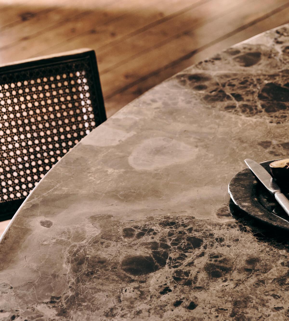 Murcell Oval Dining Table, Dark Emperador Marble