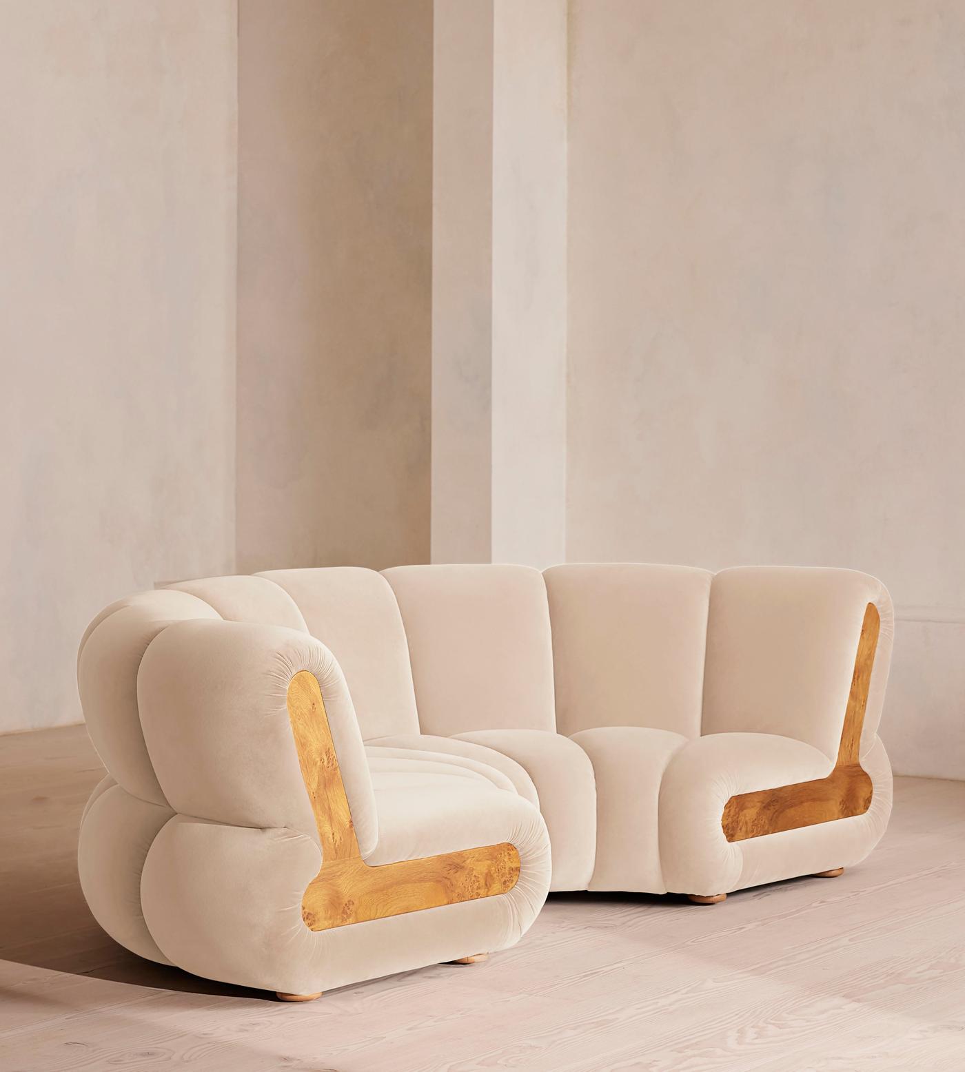 Noelle Modular Curved Sofa, Four Seater, Velvet, Porcelain