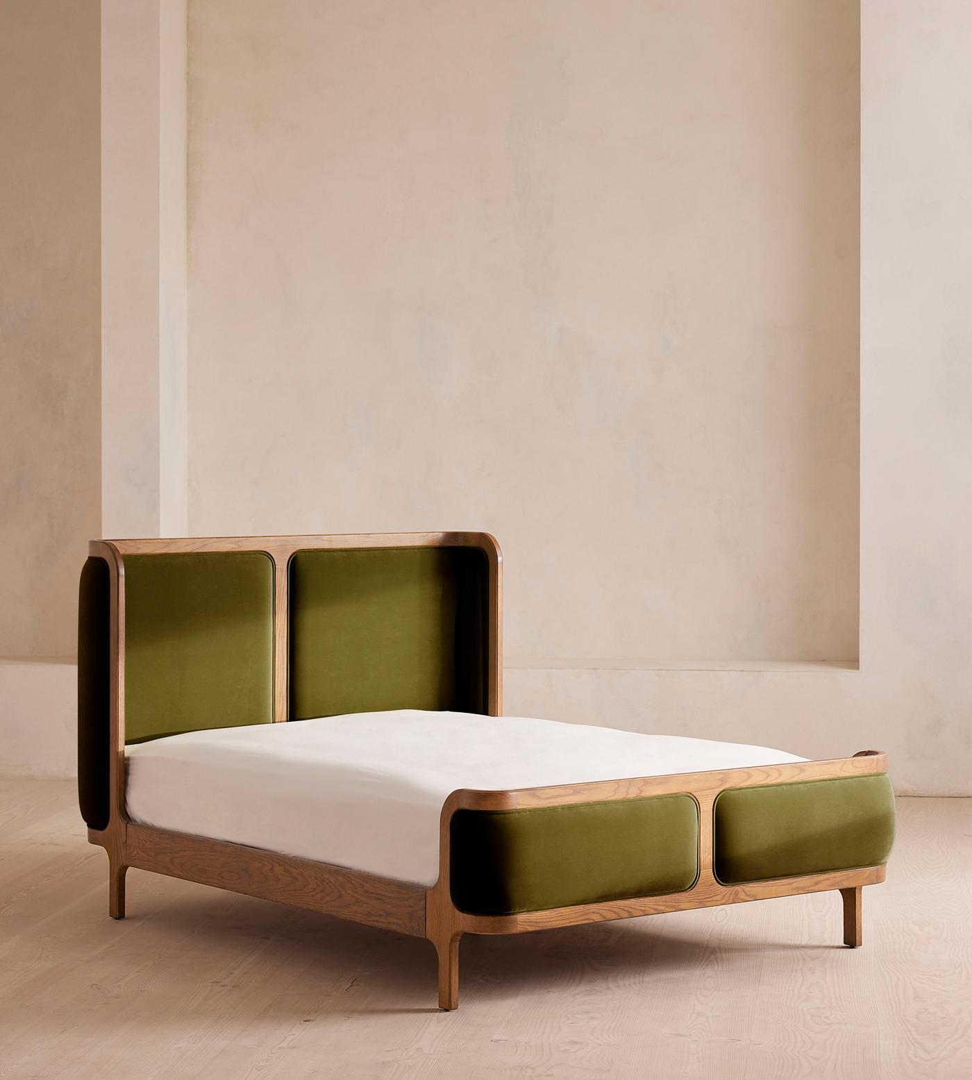 Belsa Bed, Light Oak, King, Velvet, Olive, US