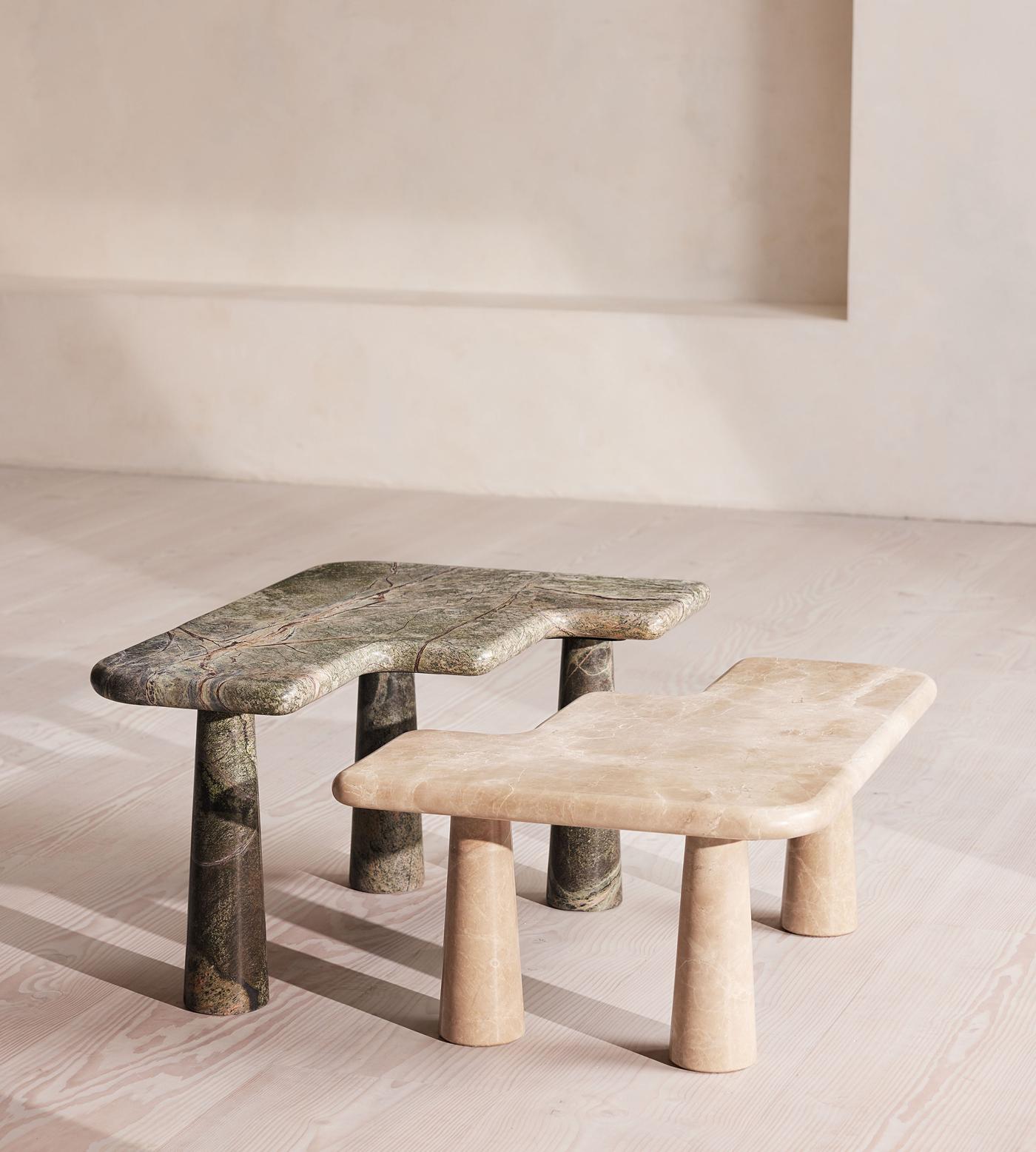 Jada Coffee Table Set, Light Emperador and Verde Bosque Marble