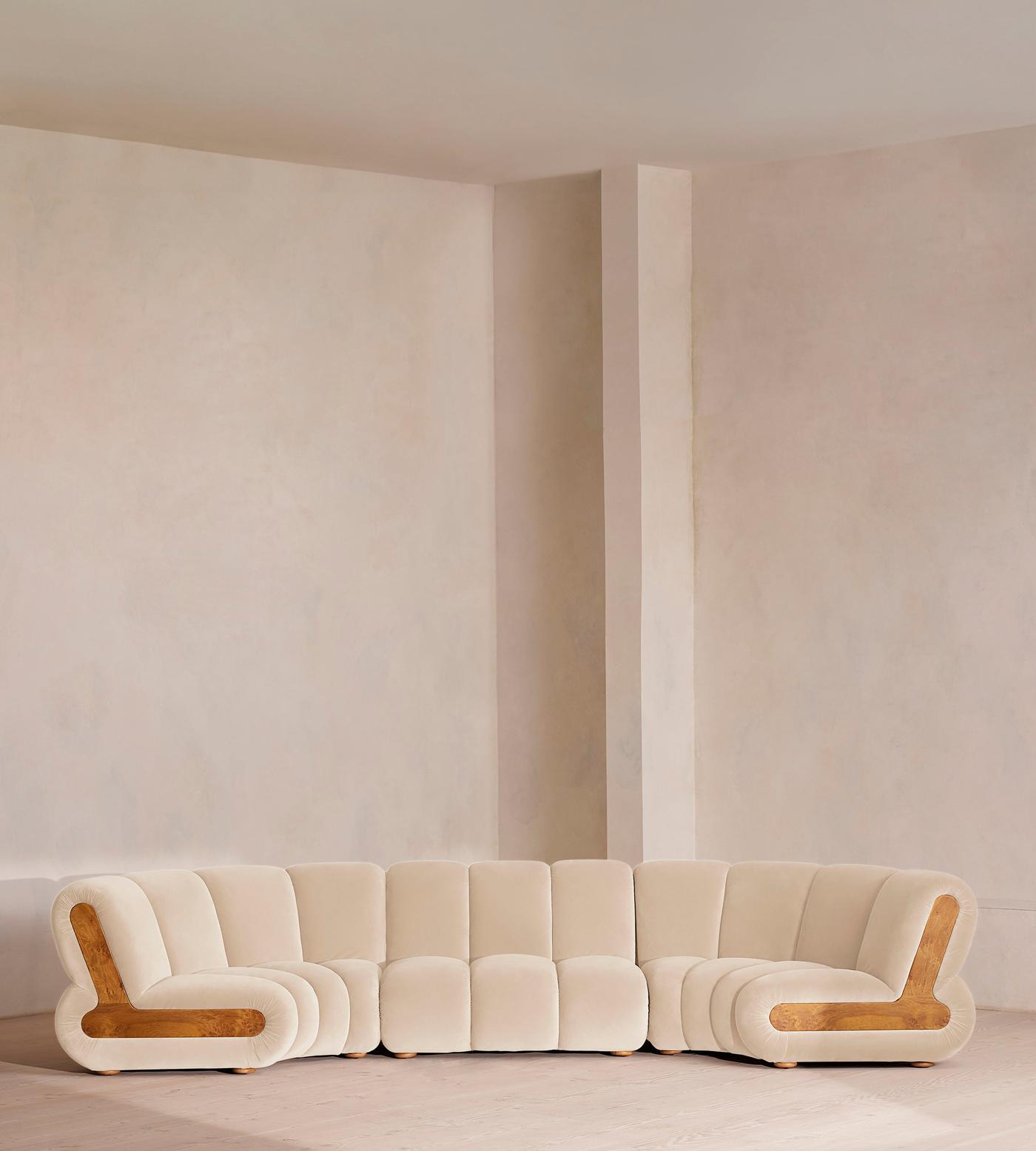 Noelle Modular Curved Sofa, Six Seater, Velvet Porcelain