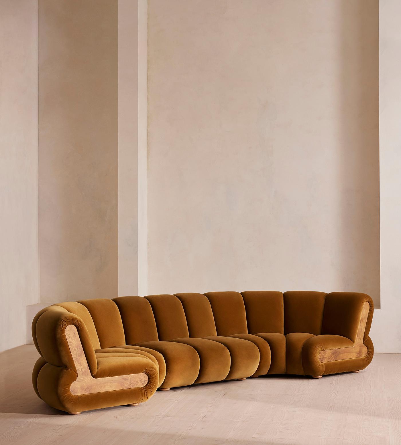 Noelle Modular Curved Sofa, Six Seater, Velvet Mustard