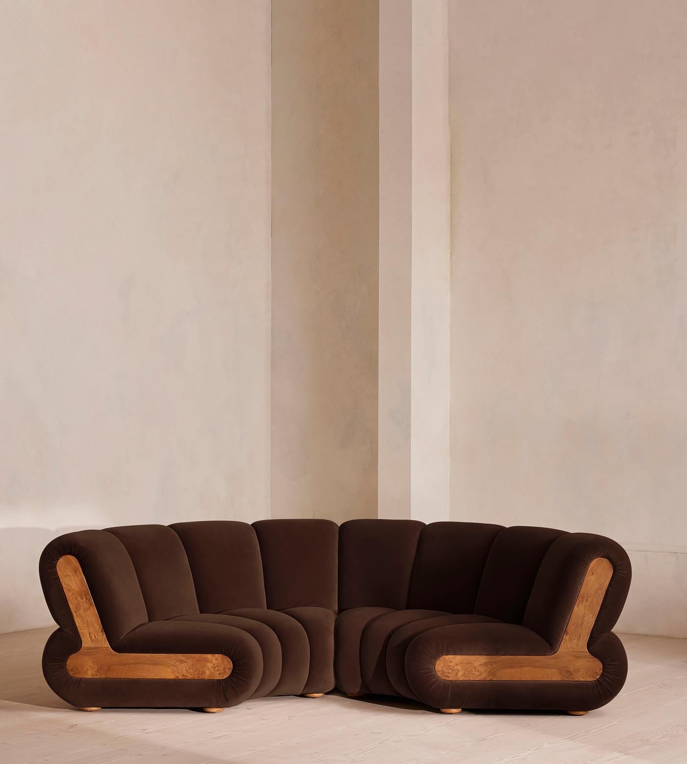 Noelle Modular Curved Sofa, Four Seater, Velvet, Chocolate Brown