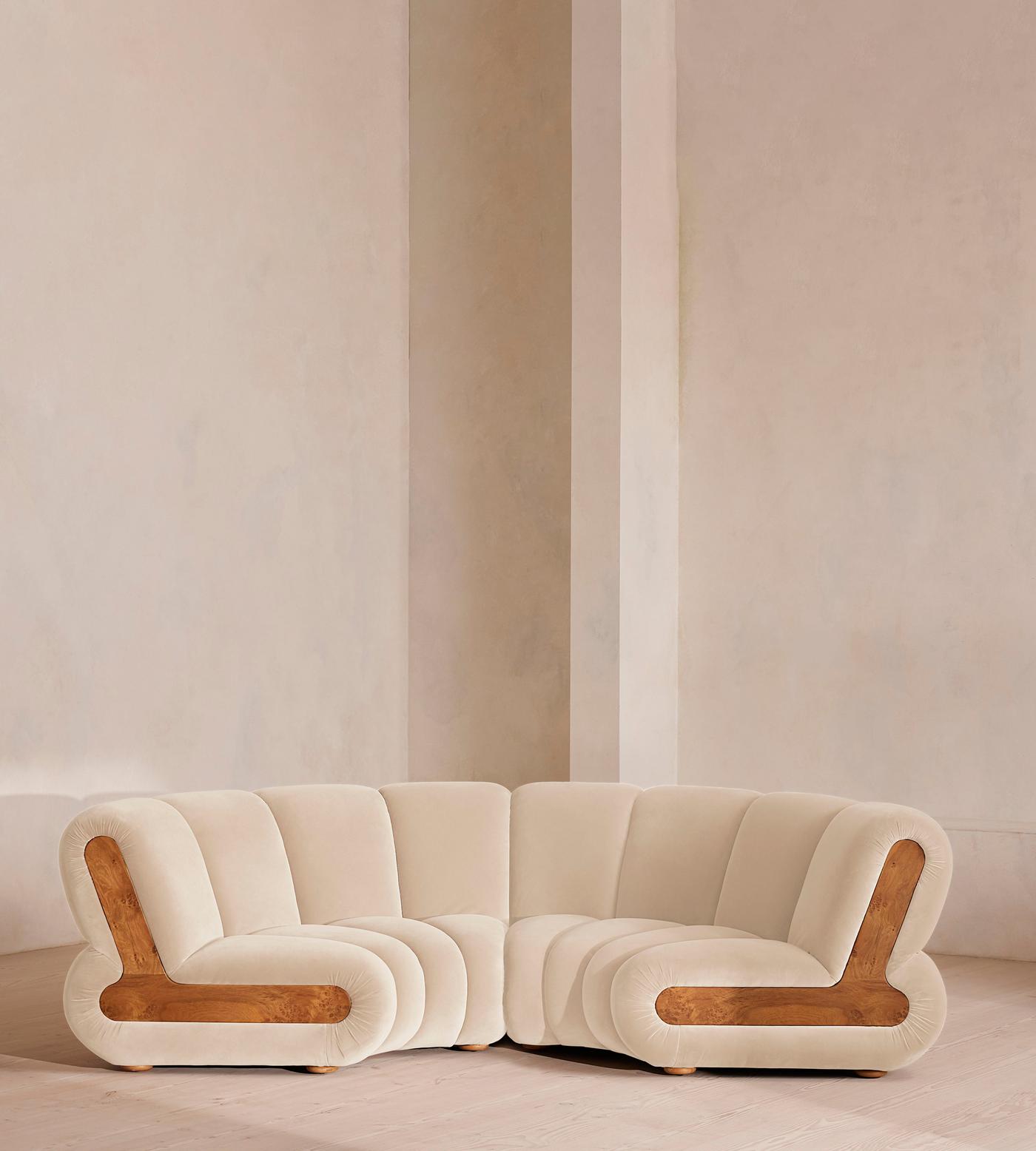 Noelle Modular Curved Sofa, Four Seater, Velvet, Porcelain