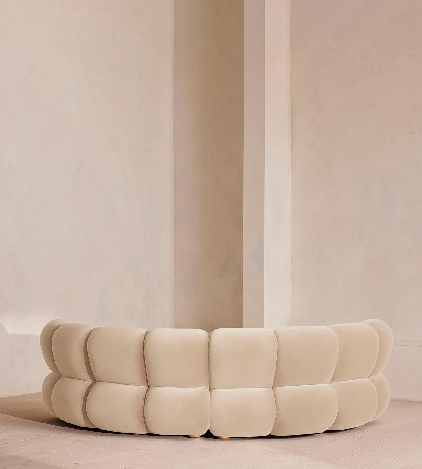 Noelle Modular Curved Sofa, Four Seater, Velvet, Porcelain