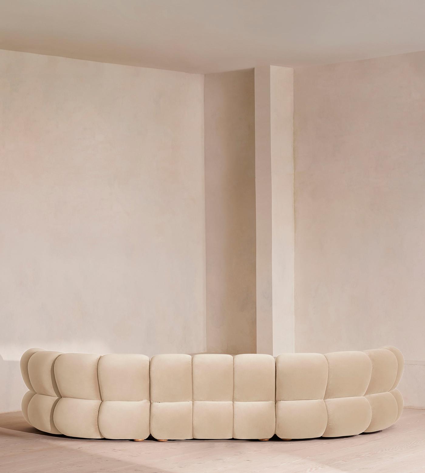 Noelle Modular Curved Sofa, Six Seater, Velvet Porcelain
