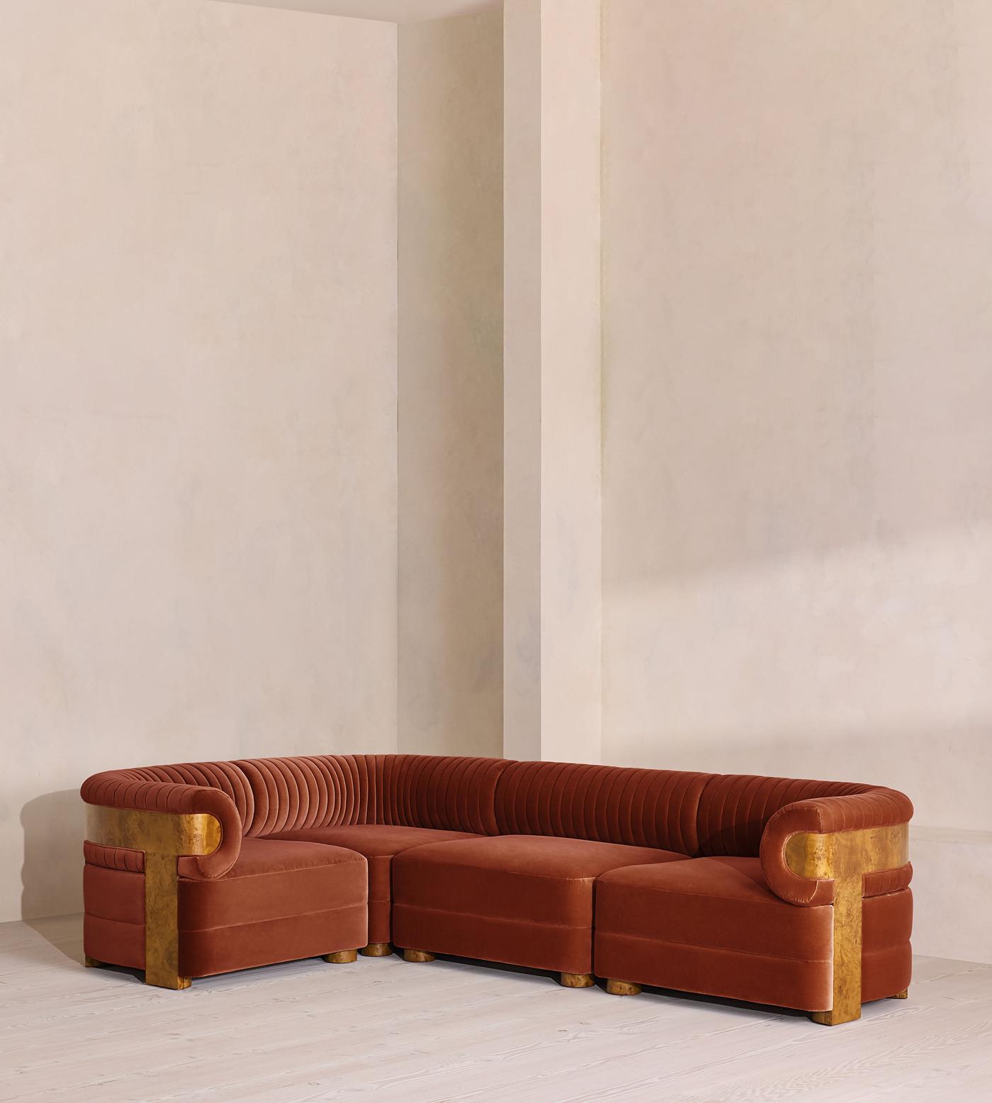 Caleb Sectional Sofa, L-Shape Sofa, Velvet, Rust, Dark Burl, US