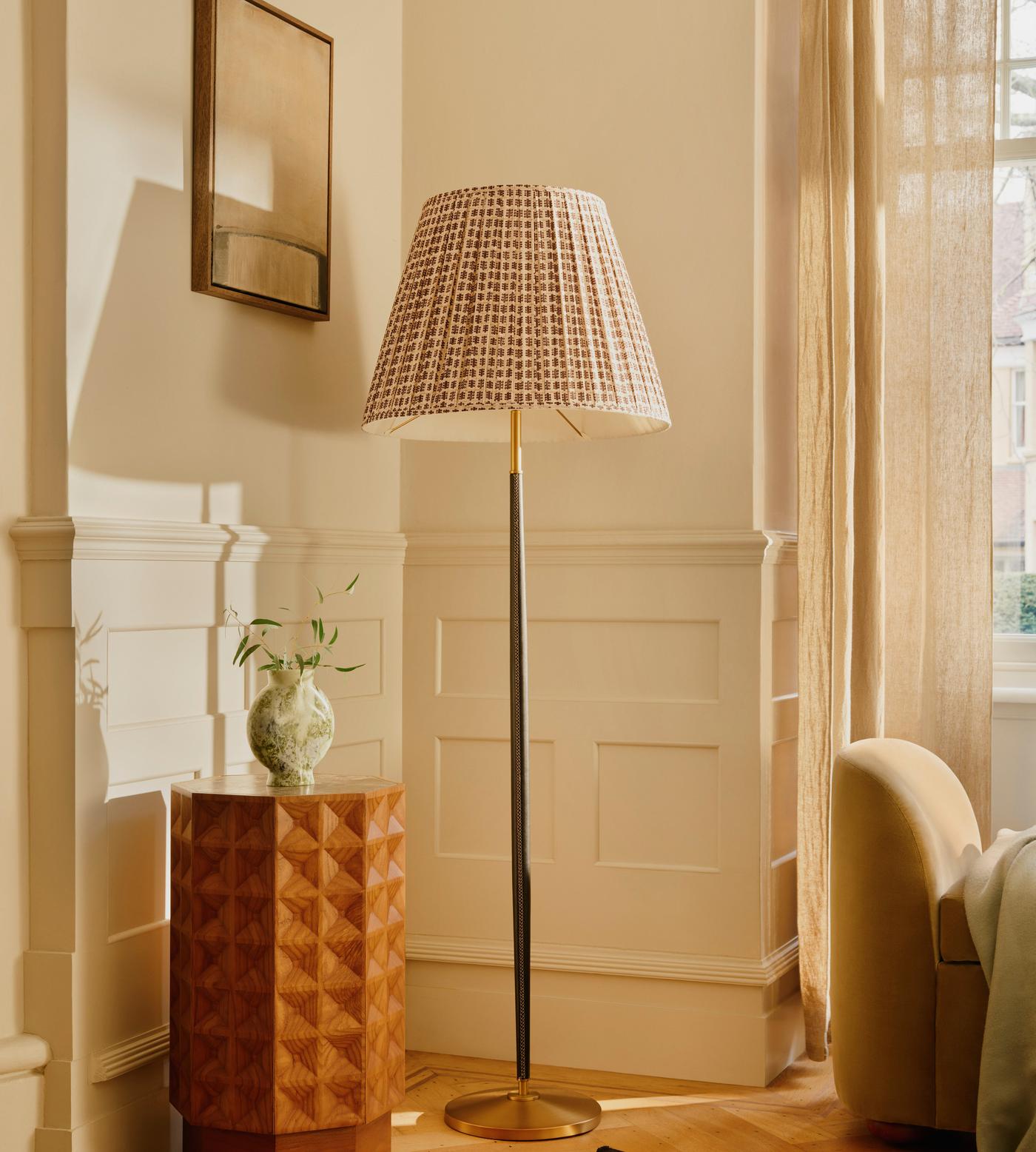 Beckett Leather Floor Lamp, Patterned Shade, US