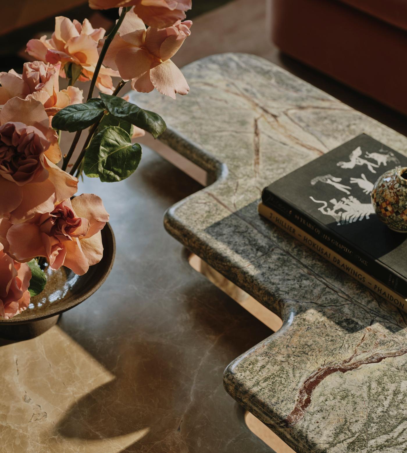 Jada Coffee Table Set, Light Emperador and Verde Bosque Marble