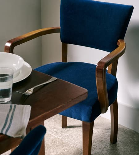 Molina Dining Chair with Arms, Mohair Indigo, Dark Wood, US