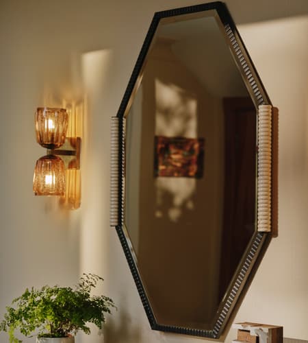 Welton Wall Mirror, Blackened Brass & Travertine