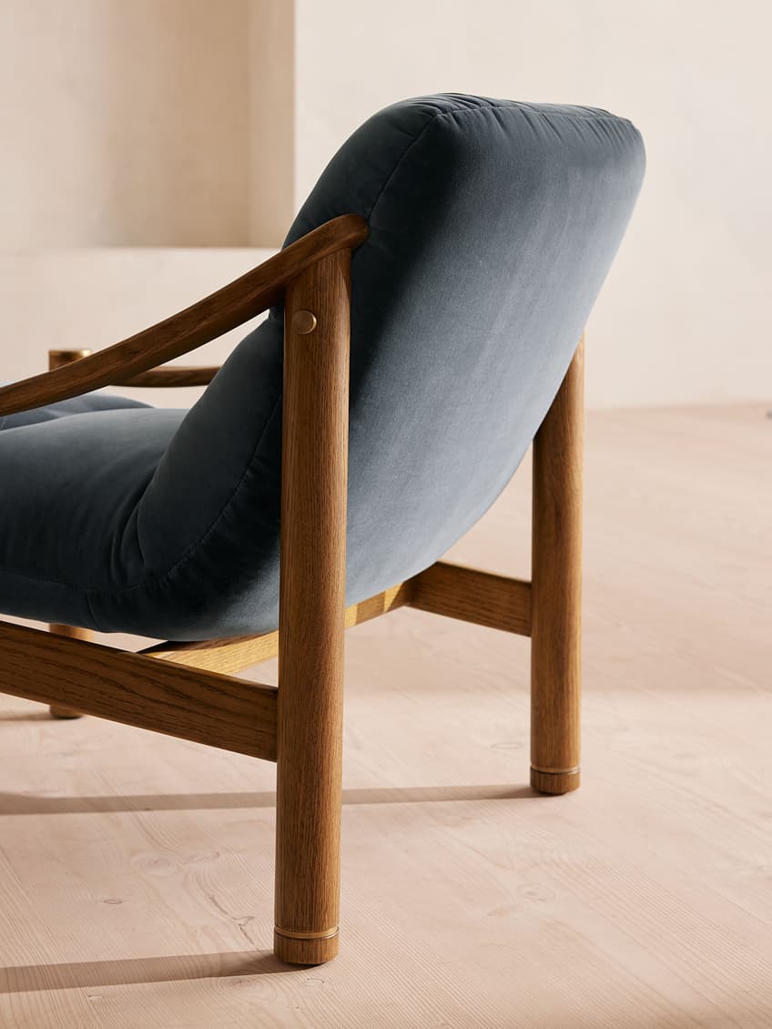Karine Armchair, Midtone Oak, Grey Blue Velvet