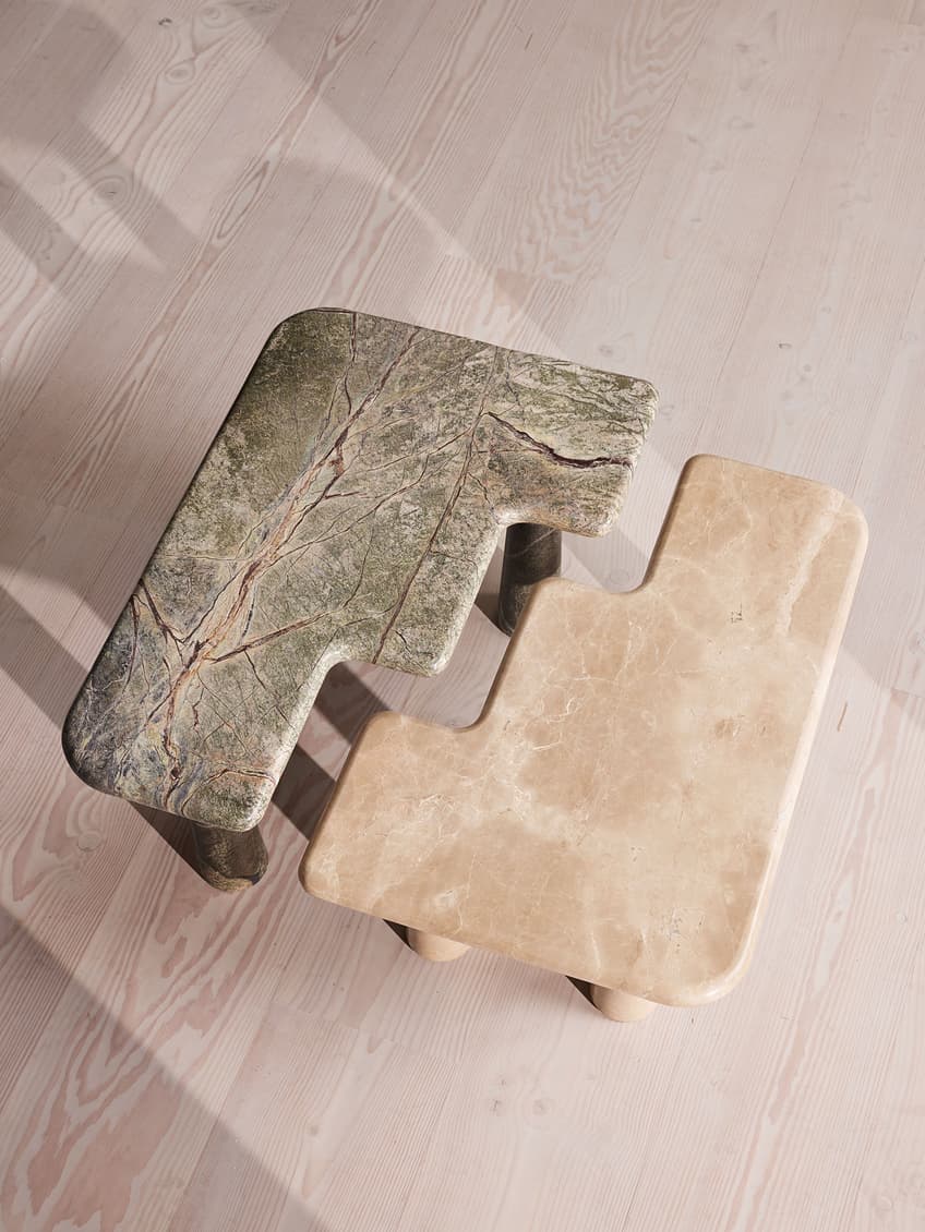 Jada Coffee Table Set, Light Emperador and Verde Bosque Marble
