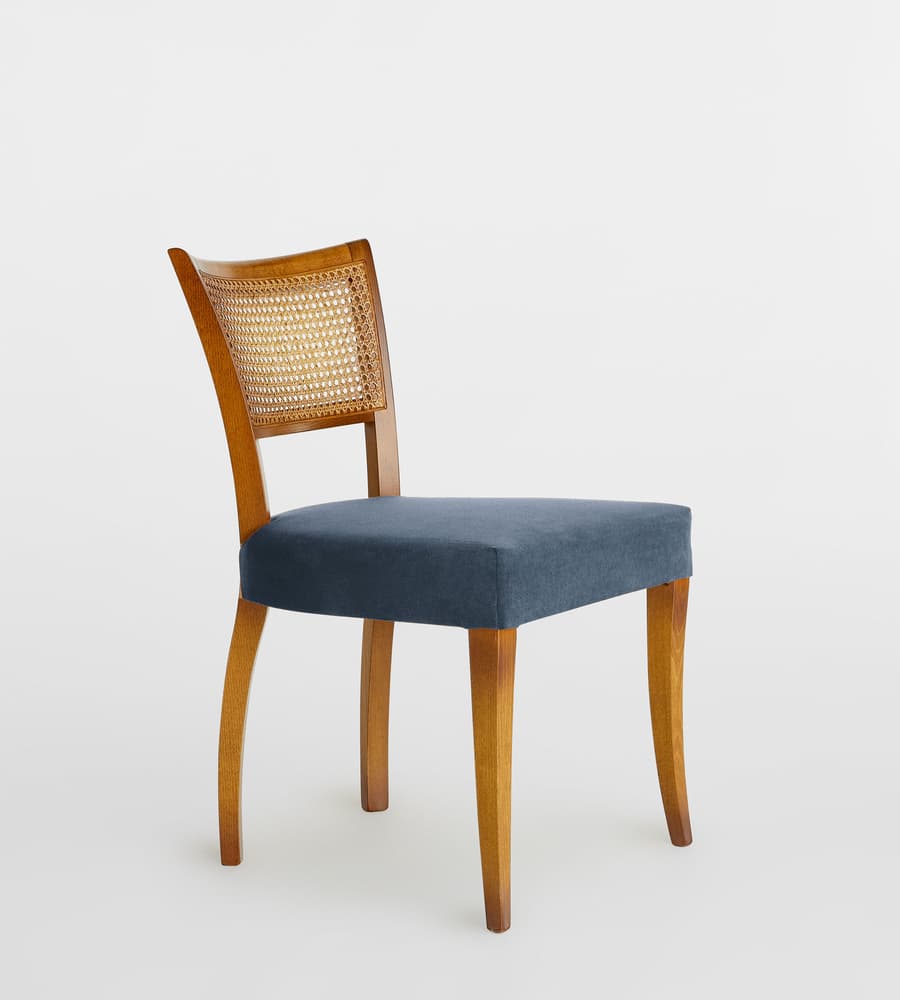 Pair of Molina Dining Chairs, Cane Back, Velvet, Grey Blue, US