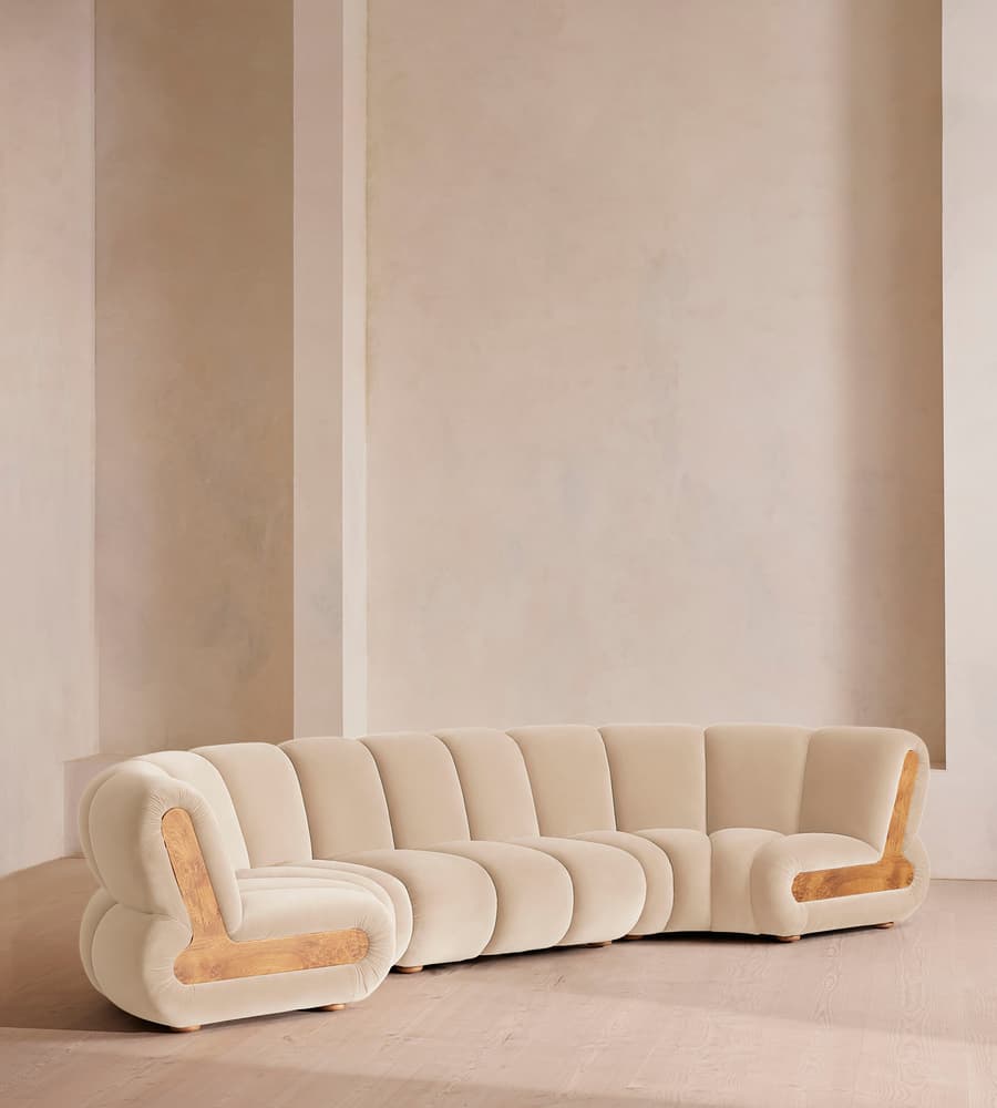 Noelle Modular Curved Sofa, Six Seater, Velvet Porcelain