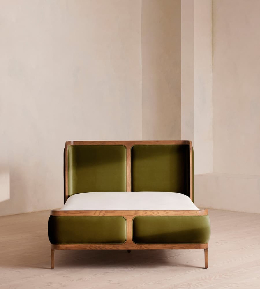 Belsa Bed, Light Oak, King, Velvet, Olive, US