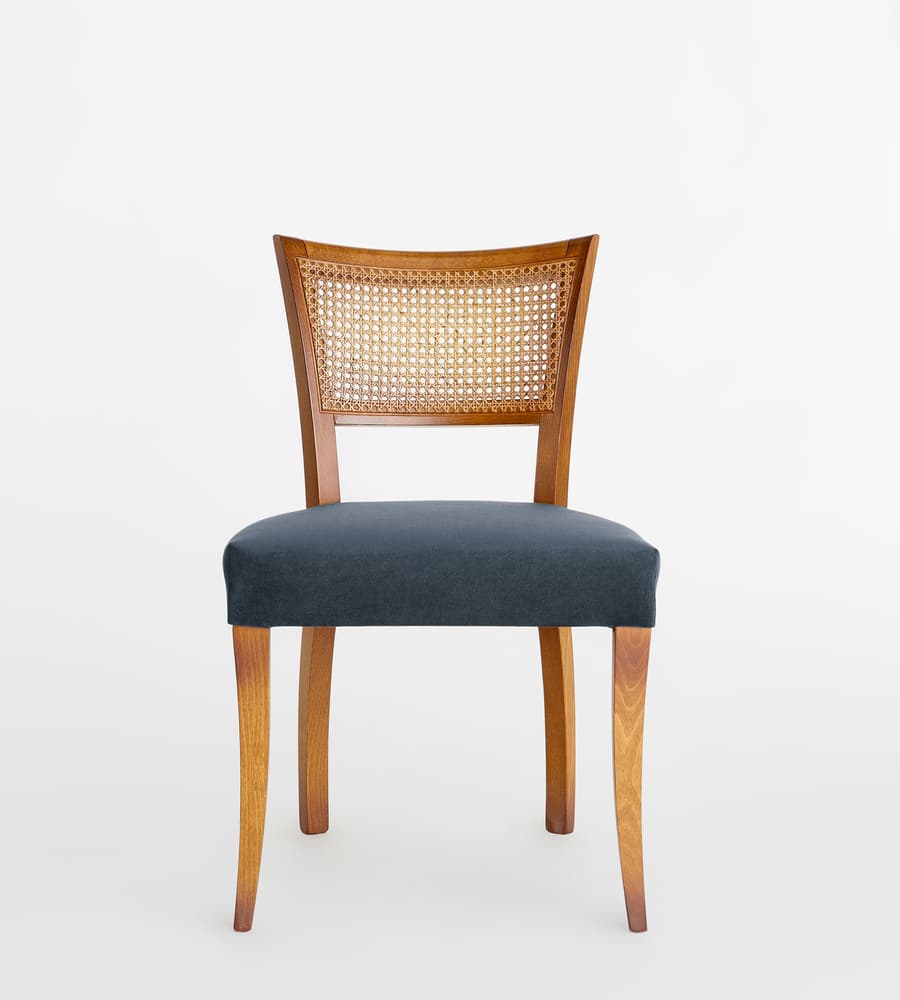 Pair of Molina Dining Chairs, Cane Back, Velvet, Grey Blue