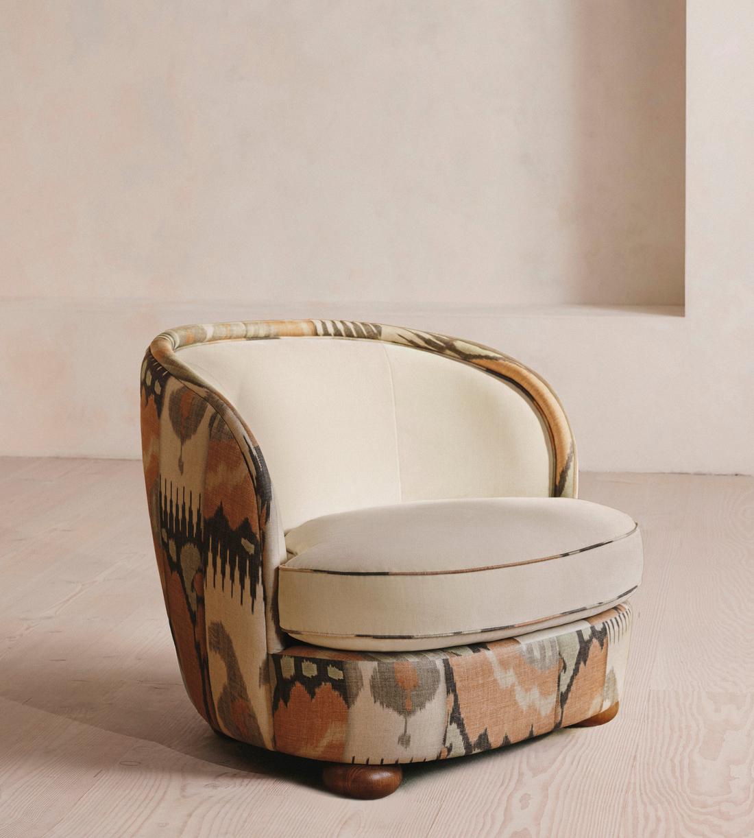 Blair Tub Armchair Floral Ikat Print Natural Linen US