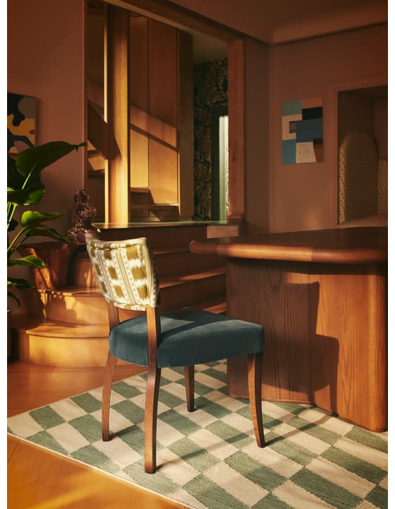 Molina Dining Armchair, Ikat Stripe and Velvet, Grey Blue UK - Soho Home