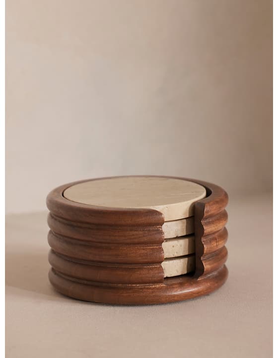 Baylis Travertine Coasters, Set of Four with Holder - Soho Home