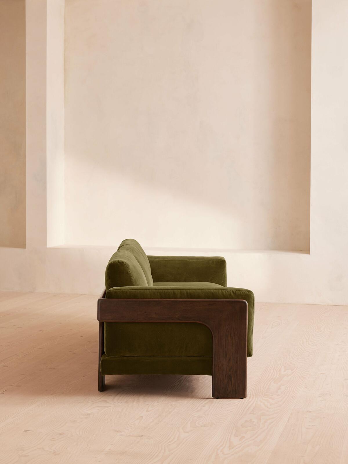 Marcia Three Seater Sofa, Velvet, Olive, US - Soho Home