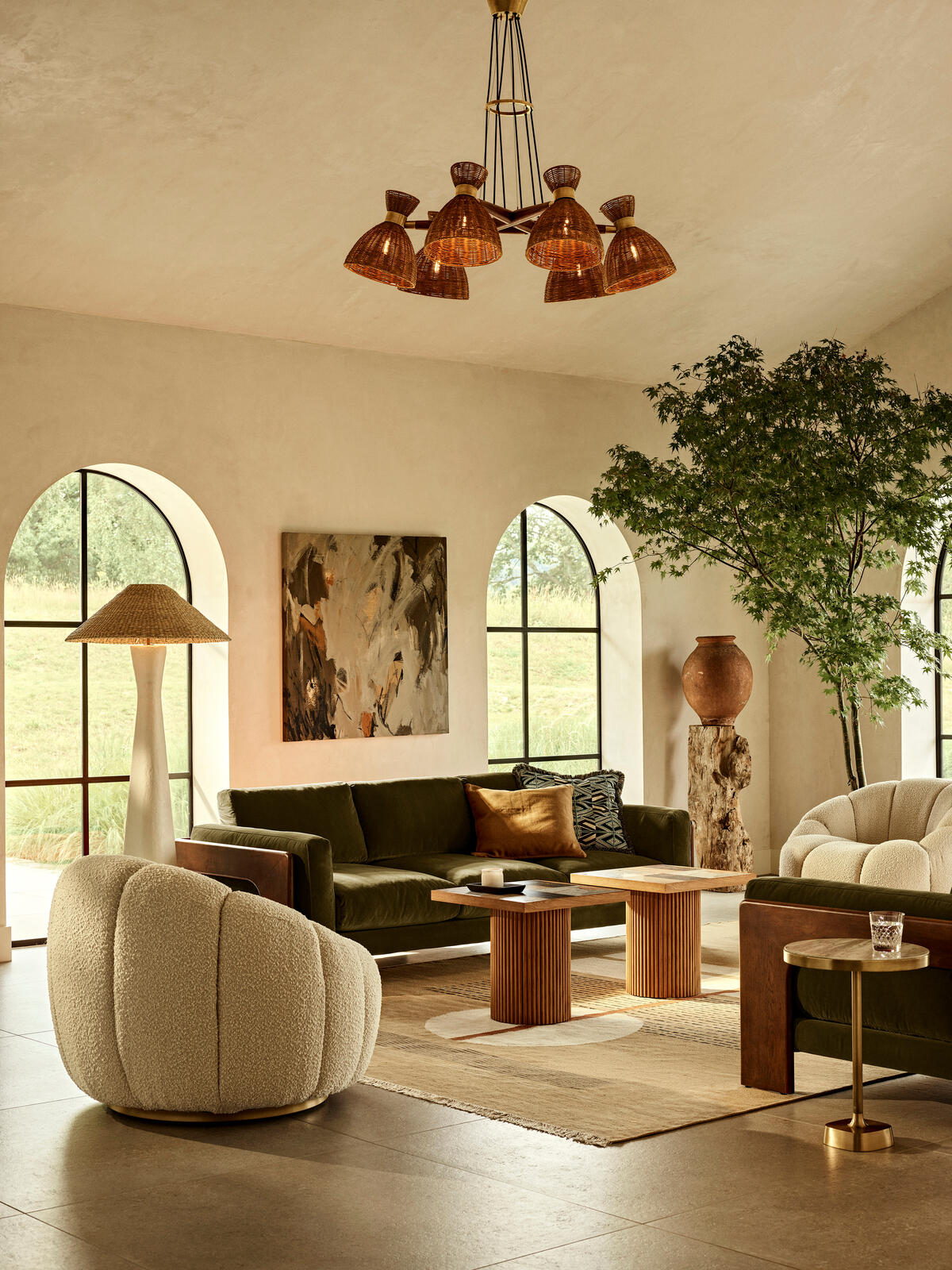 Marcia Three Seater Sofa, Velvet, Olive, US - Soho Home