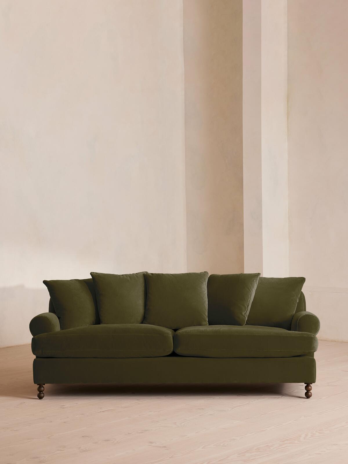 Audrey Three Seater Sofa, Velvet, Olive - Soho Home