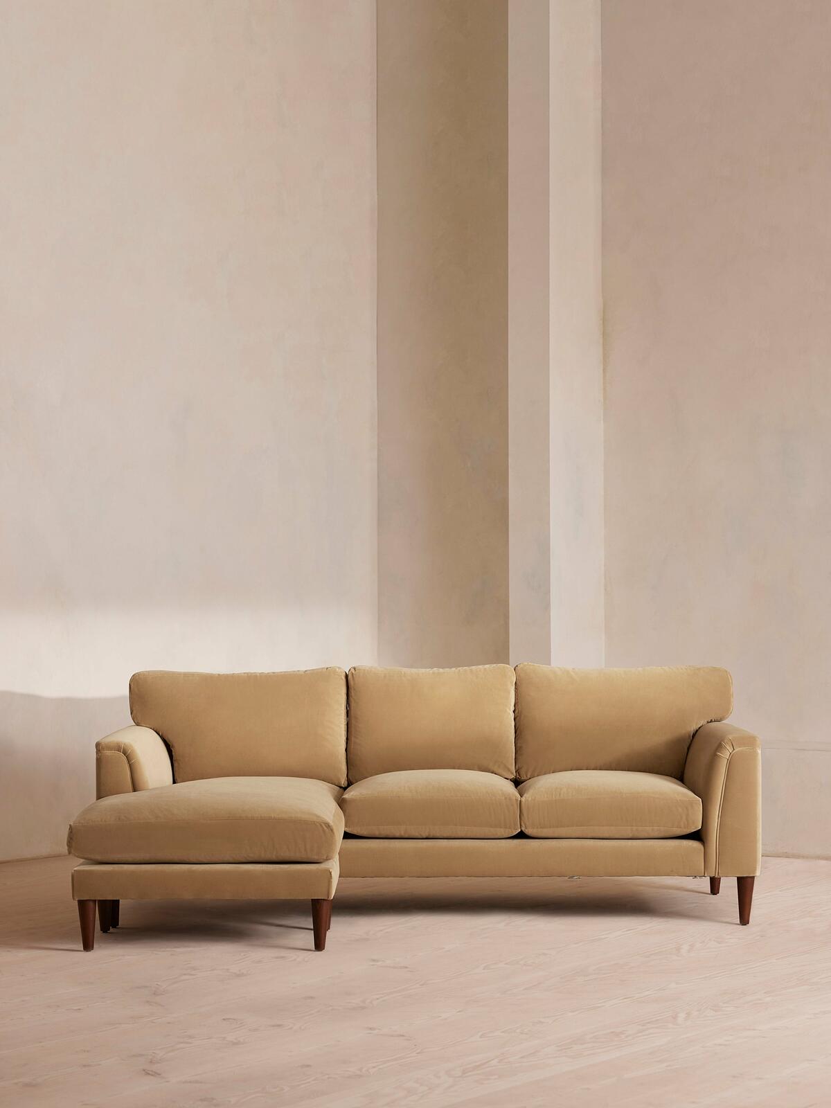 Reya Chaise-end Sofa, Velvet, Camel, US - Soho Home