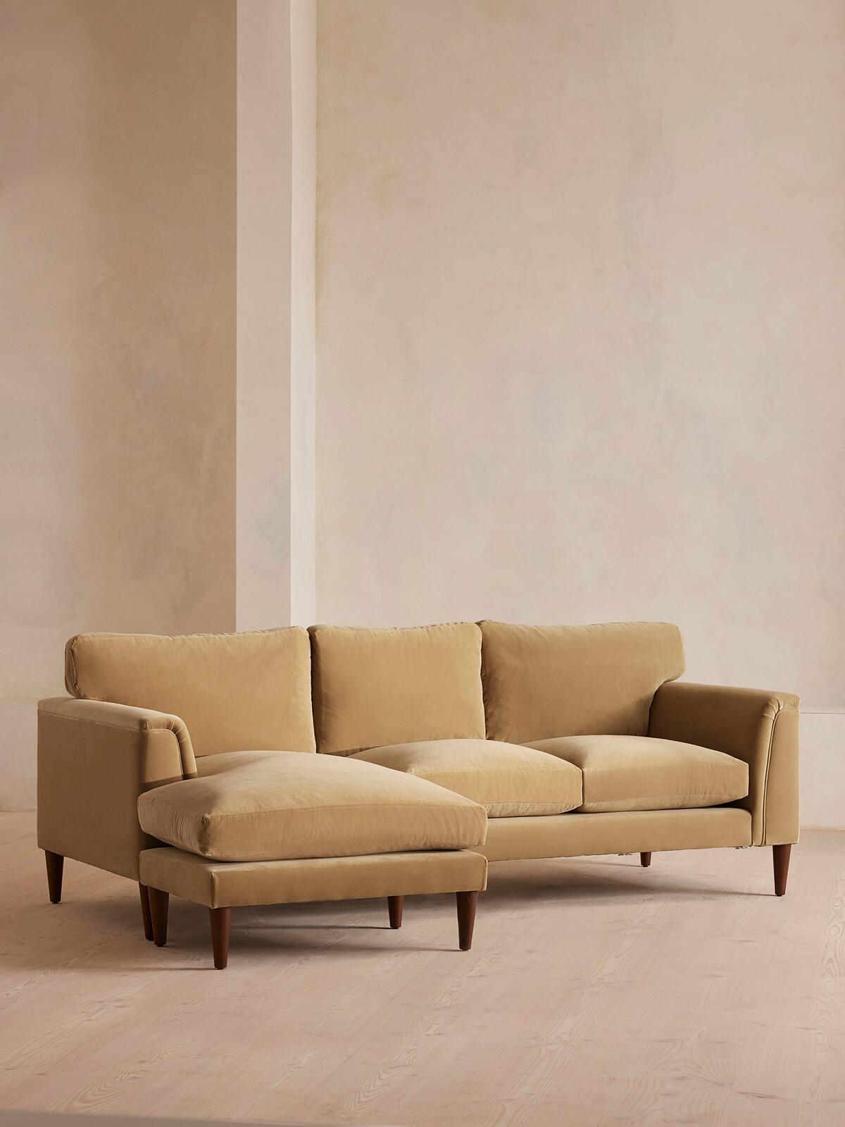 Reya Chaise-end Sofa, Velvet, Camel, US - Soho Home