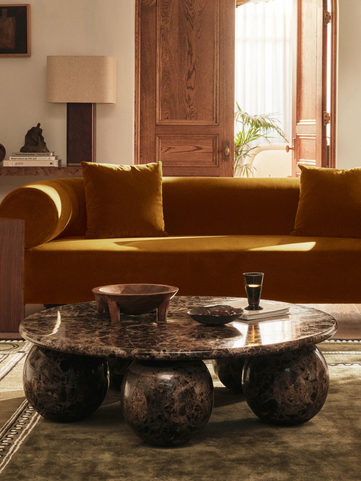 Eldon Three Seater Sofa, Walnut, Velvet, Mustard, US - Soho Home