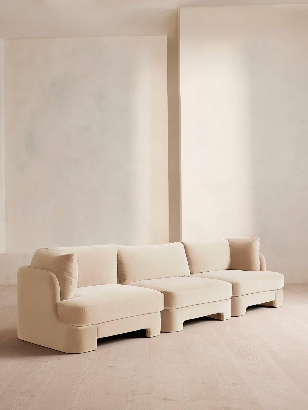 Odell Sectional Sofa, Four Seater, Velvet, Porcelain, US - Soho Home