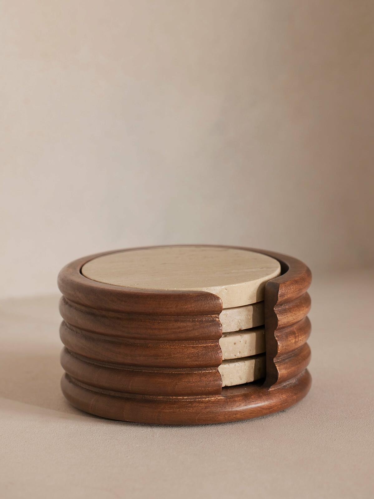 Baylis Travertine Coasters, Set of Four with Holder - Soho Home
