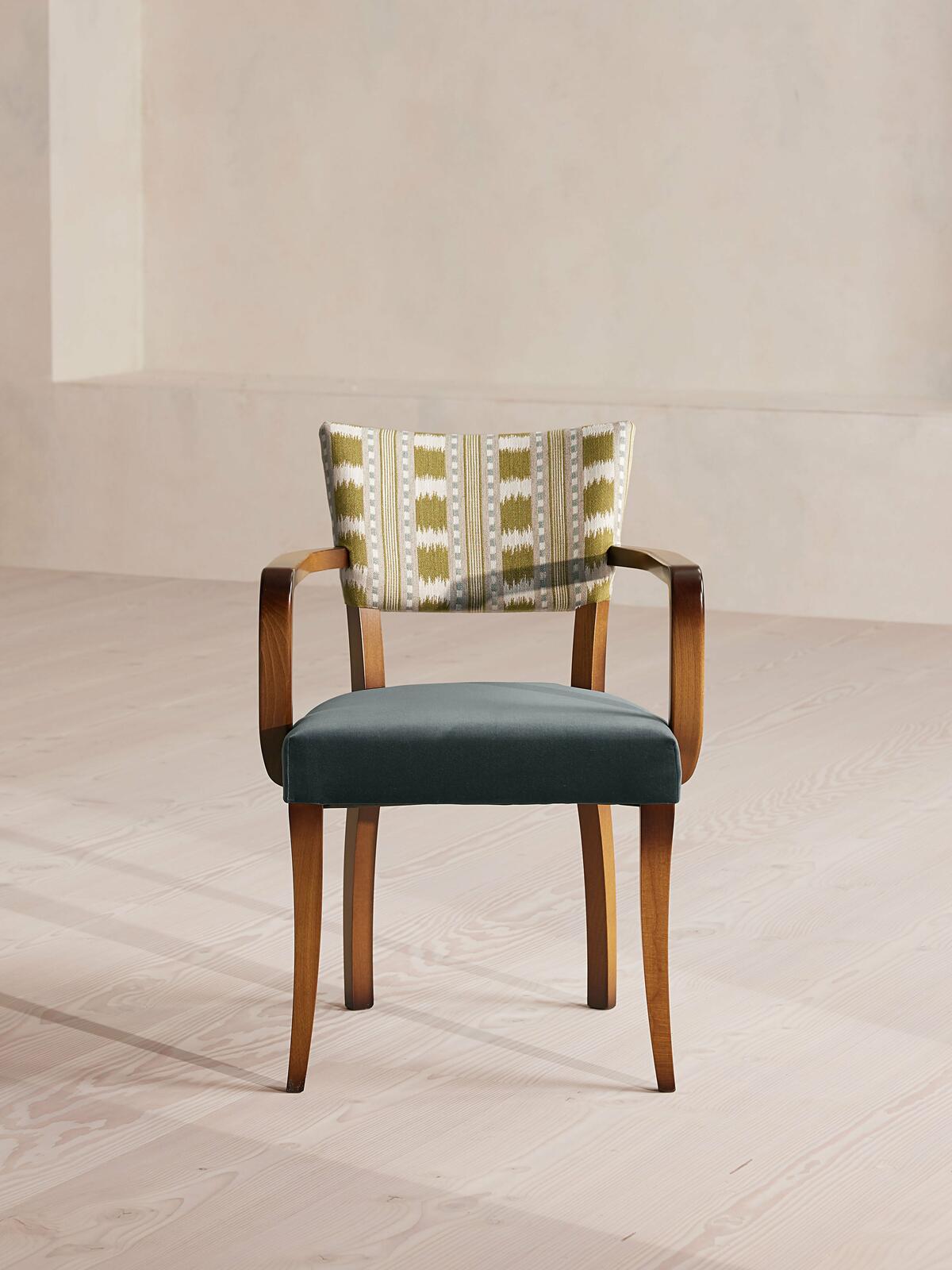 Molina Dining Armchair, Ikat Stripe and Velvet, Grey Blue UK - Soho Home