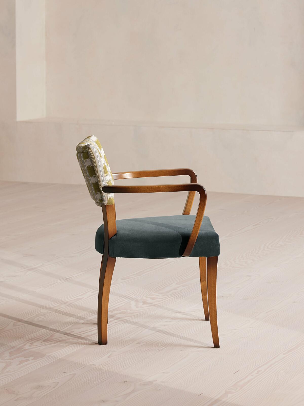 Molina Dining Armchair, Ikat Stripe and Velvet, Grey Blue UK - Soho Home