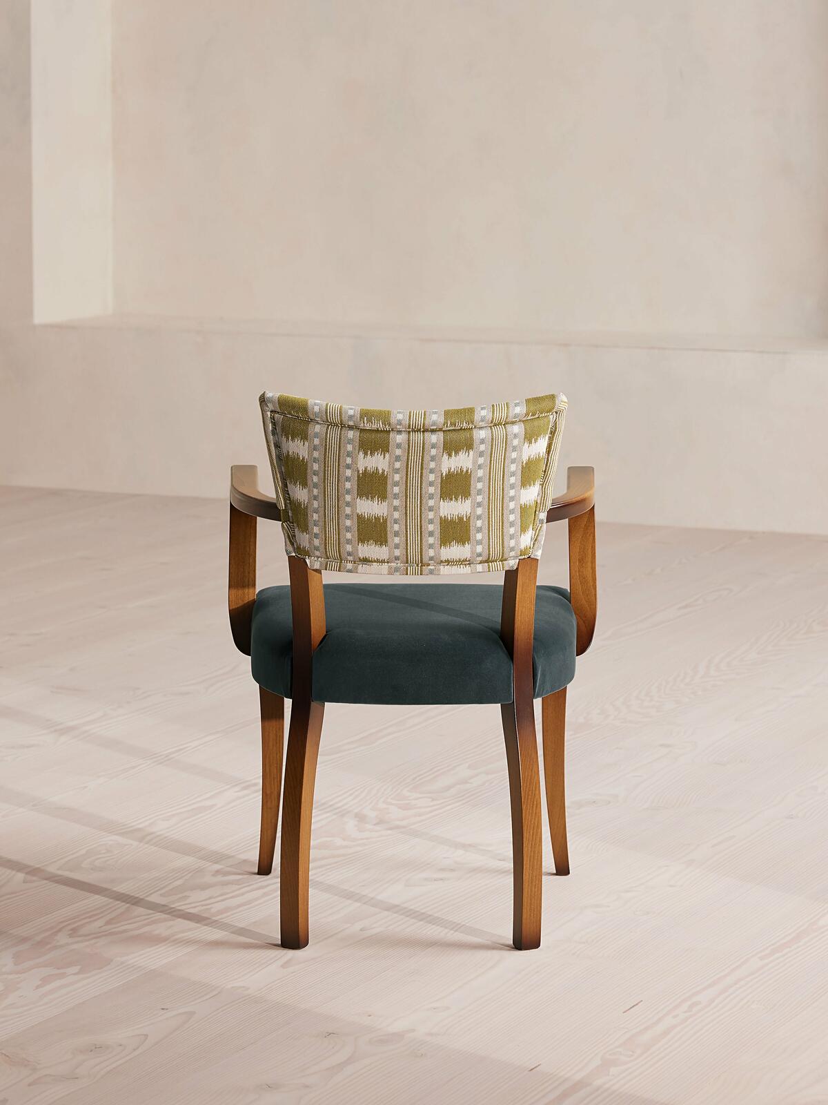 Molina Dining Armchair, Ikat Stripe and Velvet, Grey Blue UK - Soho Home