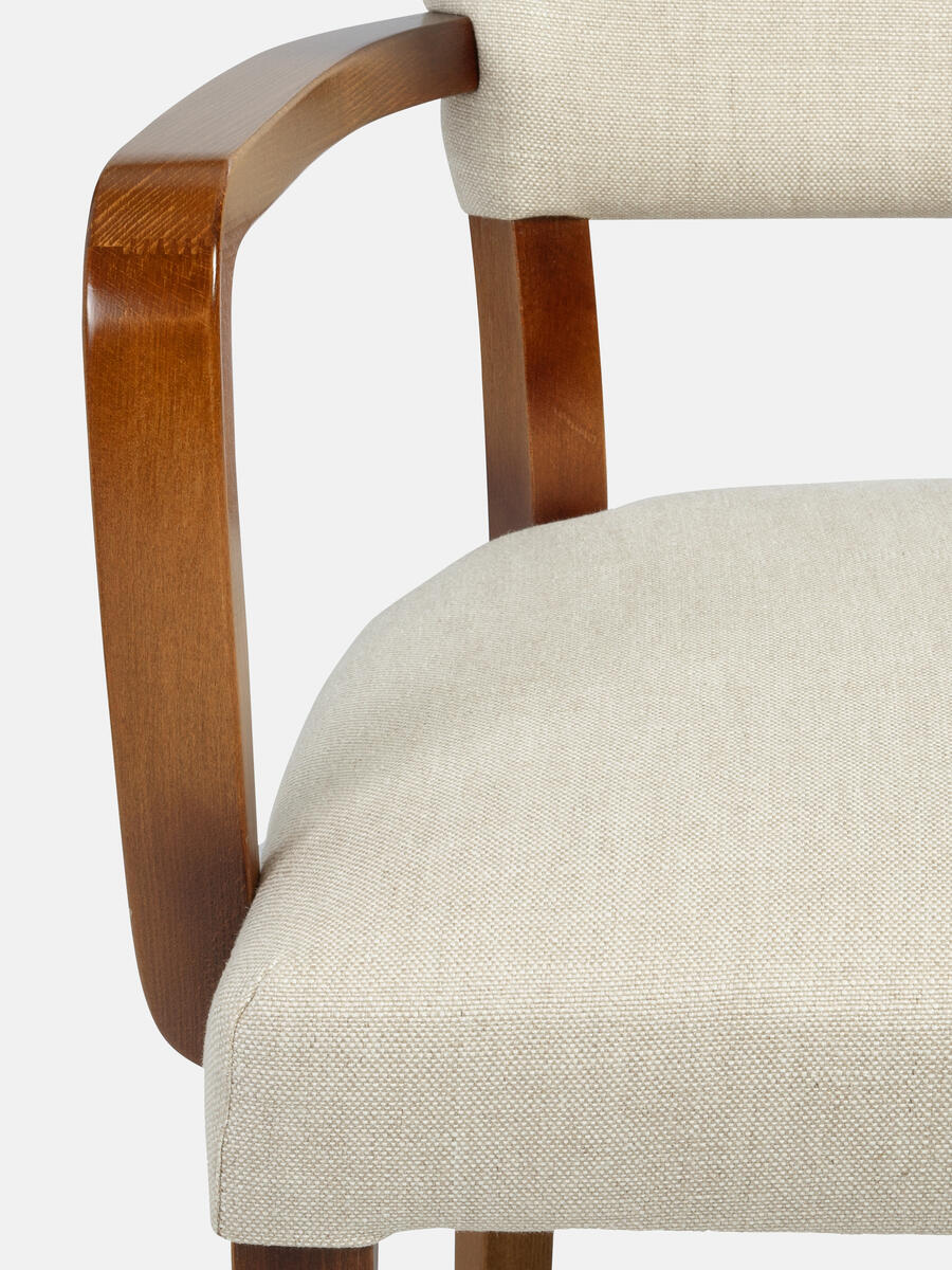 Molina Dining Chair With Arms, Sandstone Linen, Dark Wood U.S - Soho Home
